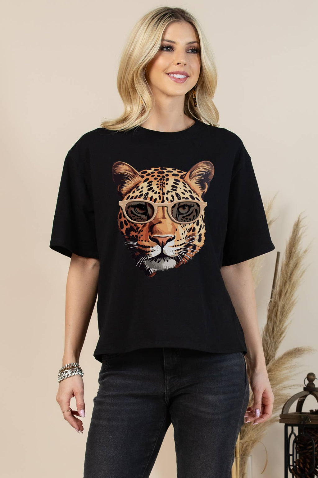 Tabitha Fashion Jaguar Face Print Oversized Graphic Tee