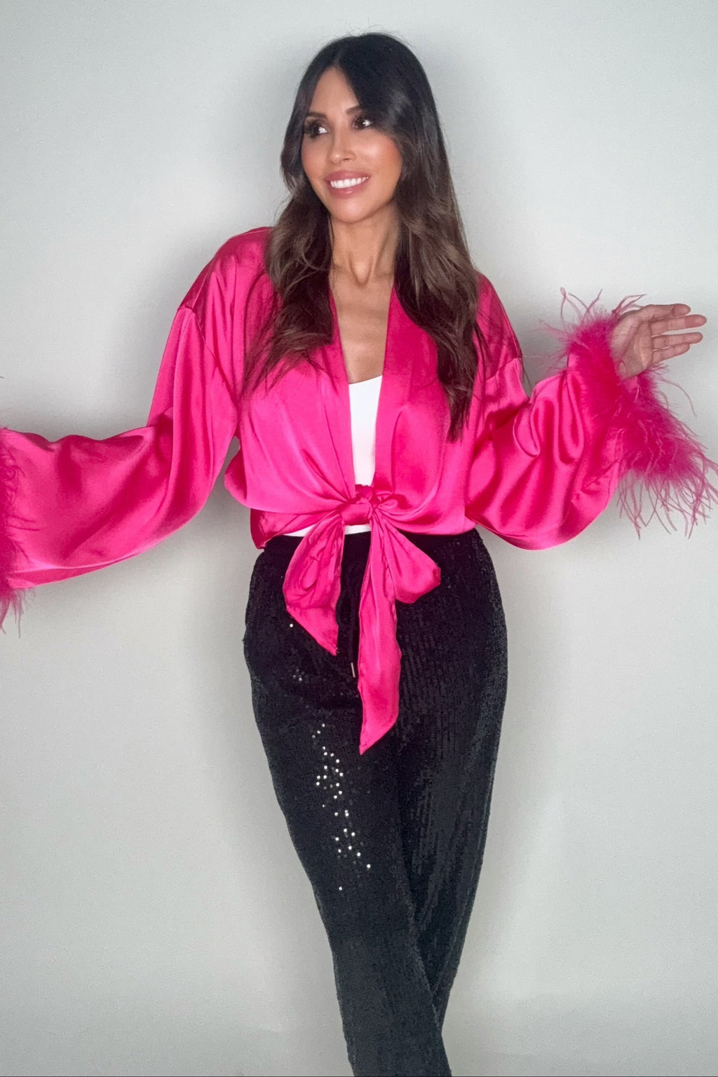Pink Feather Trim Sleeve Top