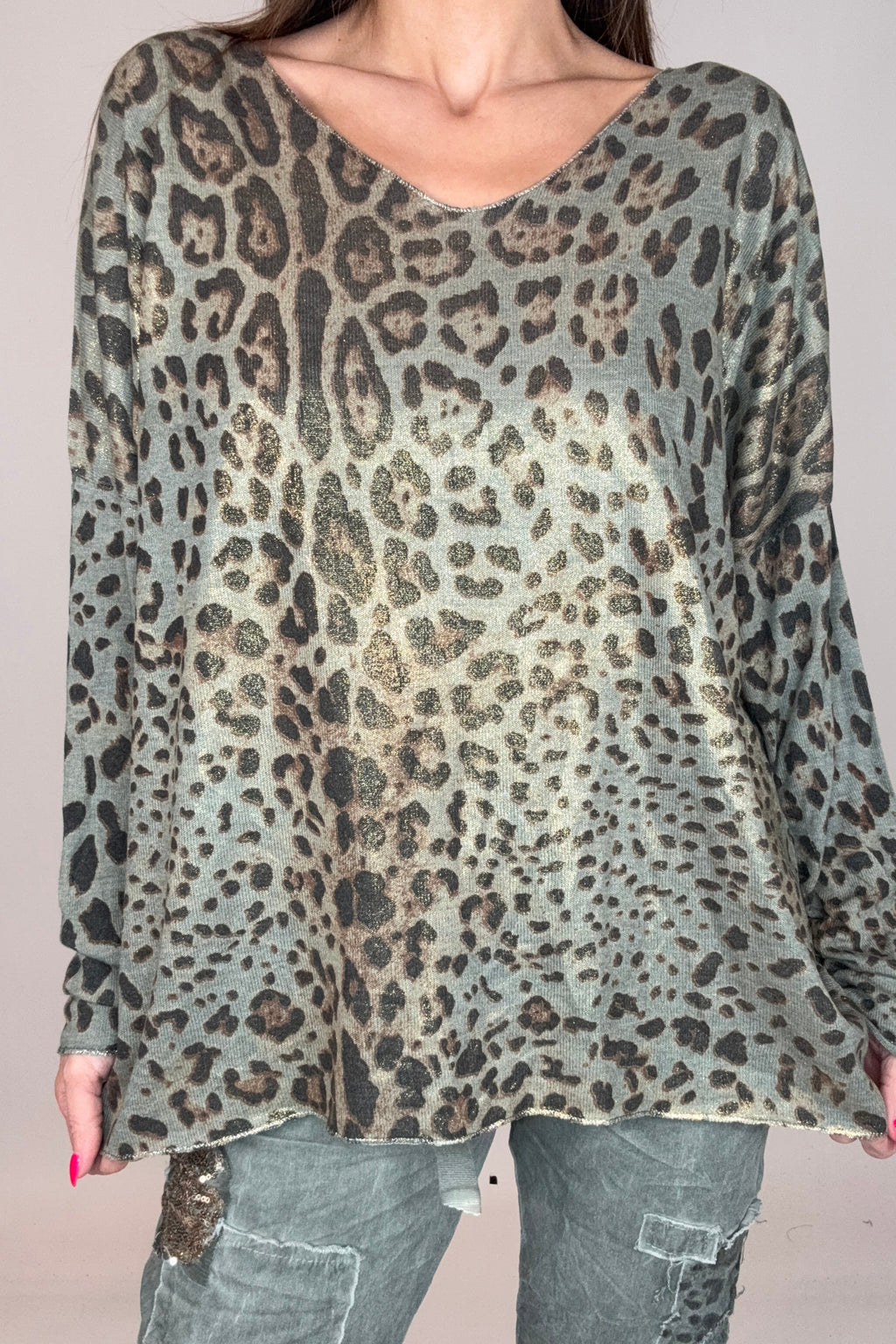 Camo Green Metallic Leopard Knit Sweater